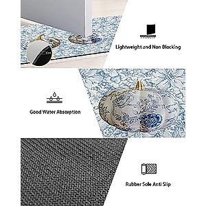 Thanksgiving Bath Mat for Tub,Non Slip Bathroom Floor Runner Rug Quick Dry & Absorbent Diatomaceous Earth Shower Sink Kitchen Washable Doormat,Blue Pumpkins Autumn Oil Painted Tile Flower 16"x47"