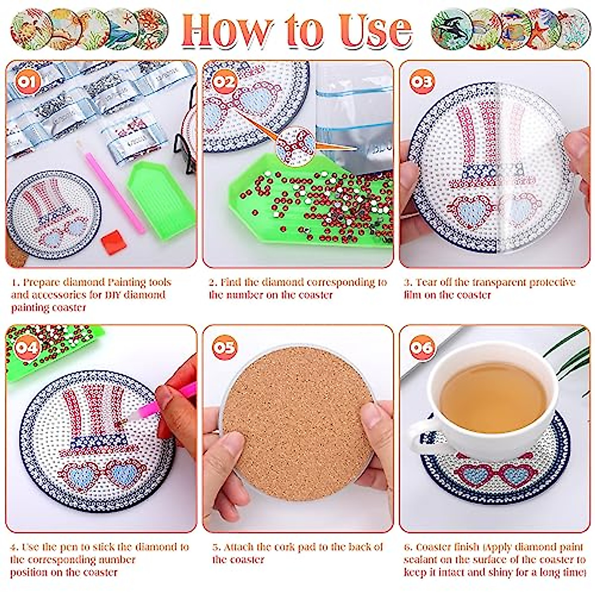 Billbotk 10 Pieces Independence Day Diamond Painting Coasters, Diamond Art Coasters with Holder, DIY Diamond Art Crafts Projects, Diamond Dots Kits for Adults and Beginners