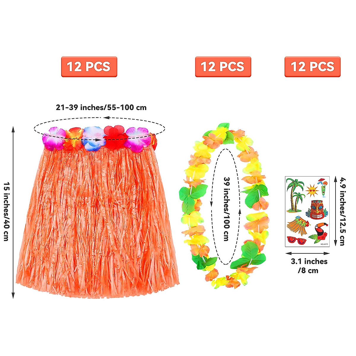 Elcoho 36 Pack Hawaiian Party Decorations Set Including 12 Pack Hawaiian Grass Skirt 12 Pack Luau Leis Necklaces and 12 Pack Hawaiian Temporary Tattoos for Luau Party Supplies
