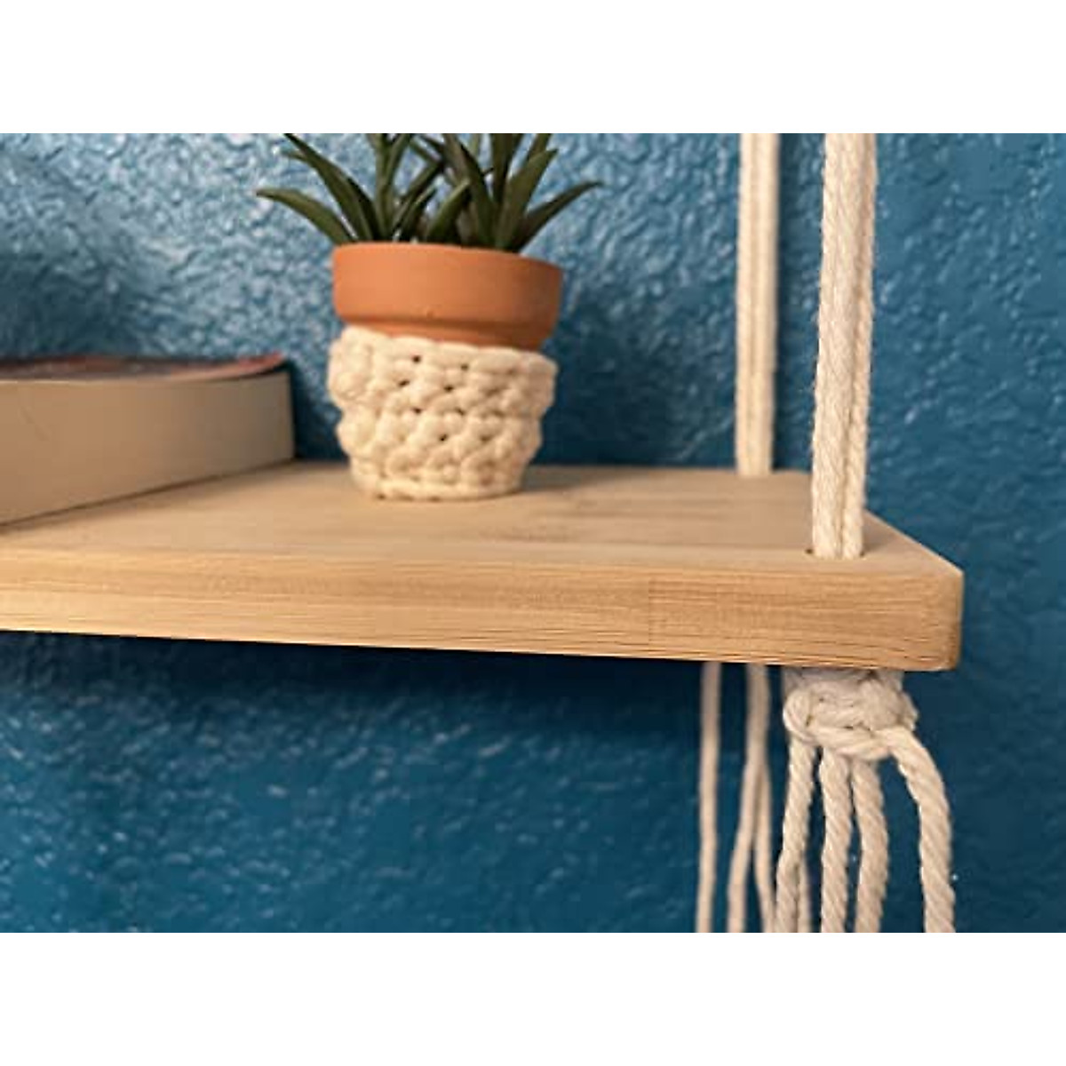 Macrame Bamboo Shelf with Sea Glass for Wall Hanging -2 Tier w/Beads - Unique Woven Boho Home Organizer Decor, Floating Storage for Small Plants, Handmade Cotton Rope-Bedroom, Living Room, Bathroom
