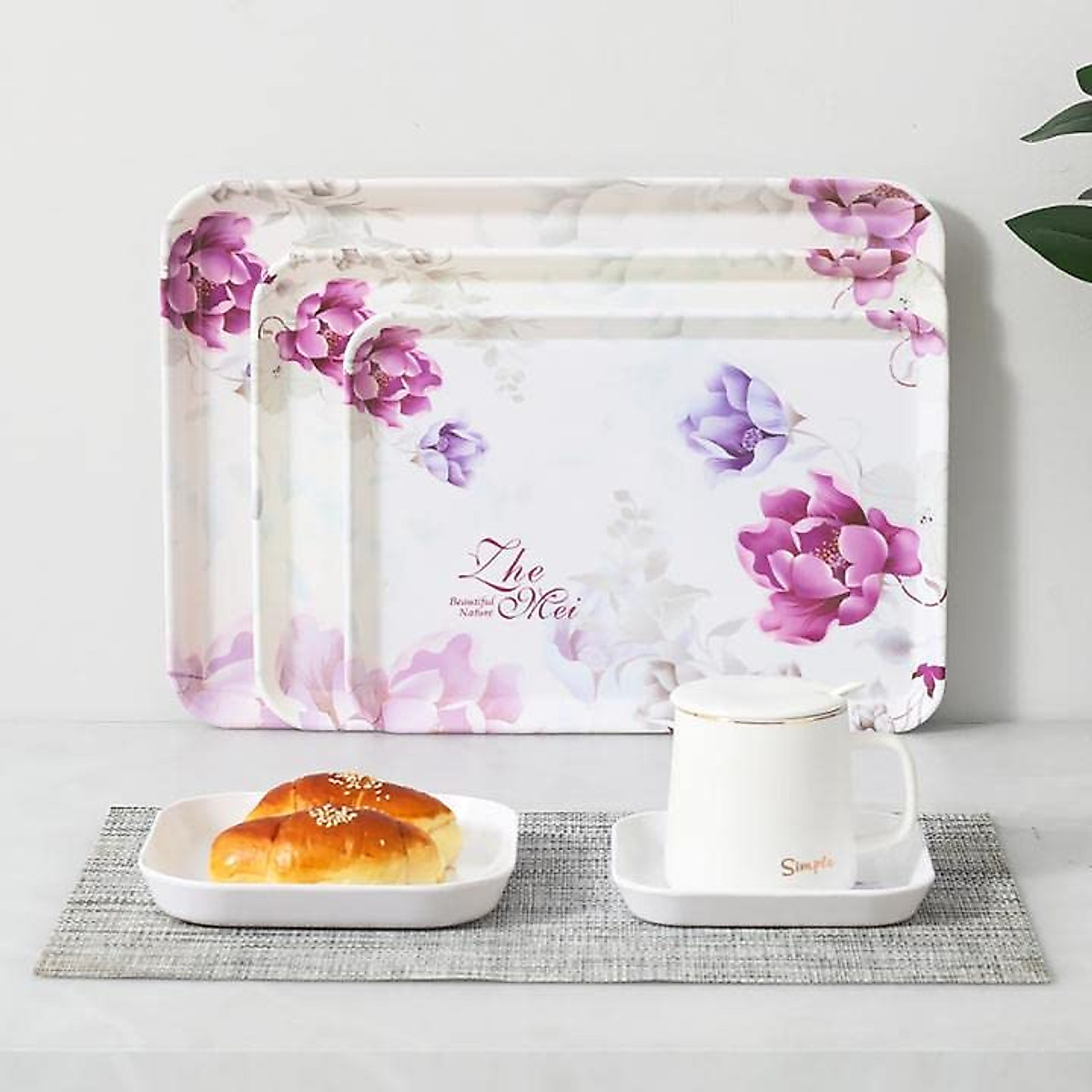 MBBITL 3 Pack Rectangular Food Serving Tray 14.9"x 10.6" Floral Peony Melamine Serving Trays Restaurant Dinner Trays