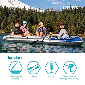 INTEX 68324EP Excursion 4 Inflatable Boat Set: Includes Deluxe 54in Boat Oars and High-Output Pump – Adjustable Seats with Backrest – Fishing Rod Holders – 4-Person – 1100lb Weight Capacity