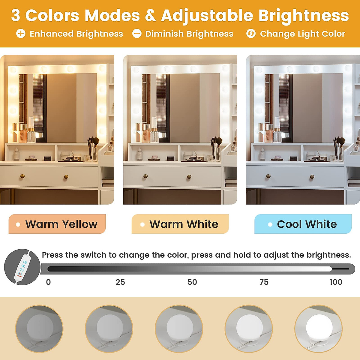 VIAGDO White Vanity Desk with Mirror and Lights, Makeup Vanity with Charging Station & 3 Storage Compartments, Makeup Desk with Drawers and Open Storage Shelves, Bedroom Dressing Table