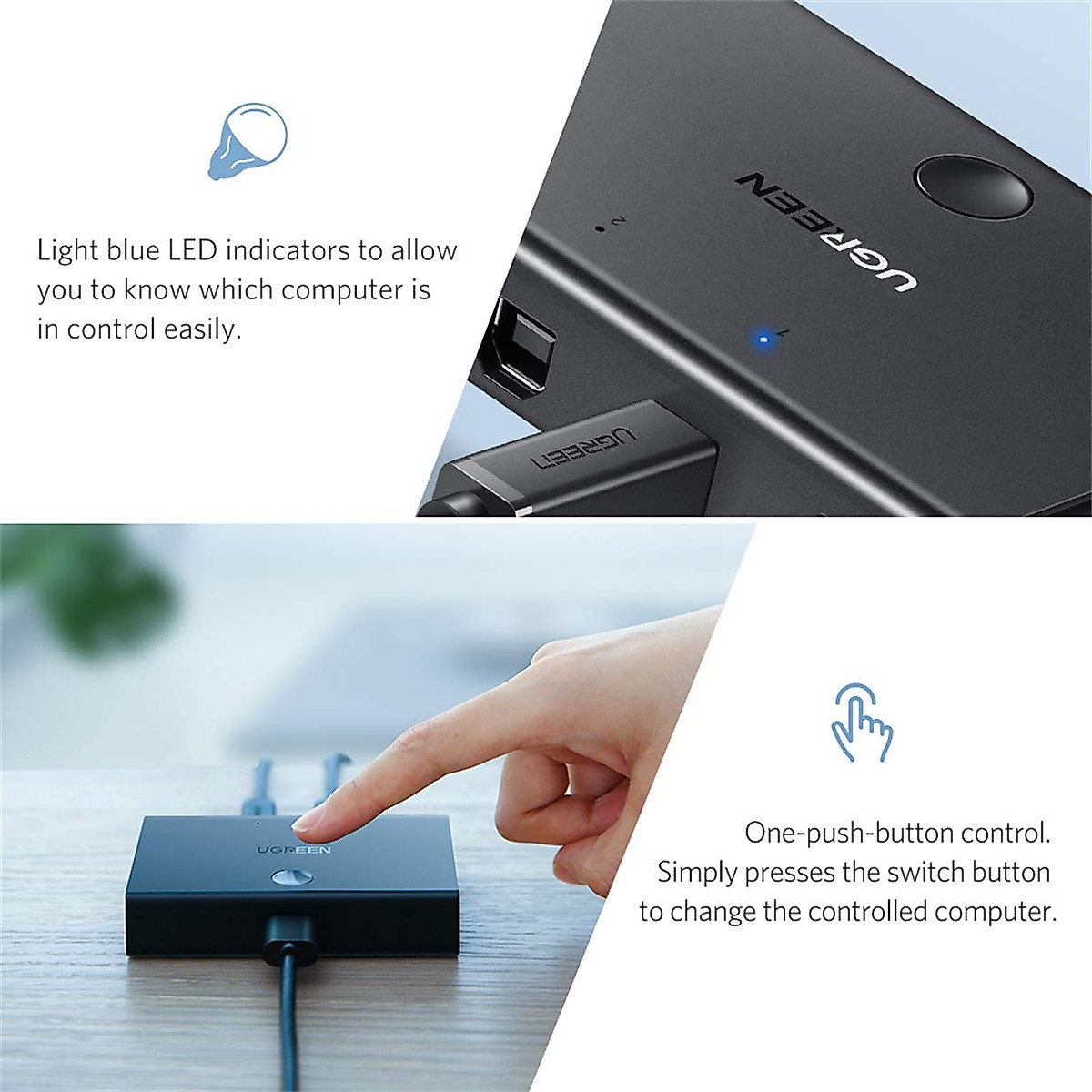 UGREEN USB Sharing Switch USB 2.0 Peripheral Switcher Adapter Box 2 Computer Share 1 USB Device Hub for Printer Scanner with 2 Pack USB 2.0 Male Cable