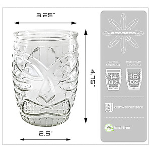 ECODECO Set of 2 Bar Tiki Glasses - Hawaiian Style Double Glass 16 Ounce Clear Tumblers - w/Jumbo Plant Fiber Straw