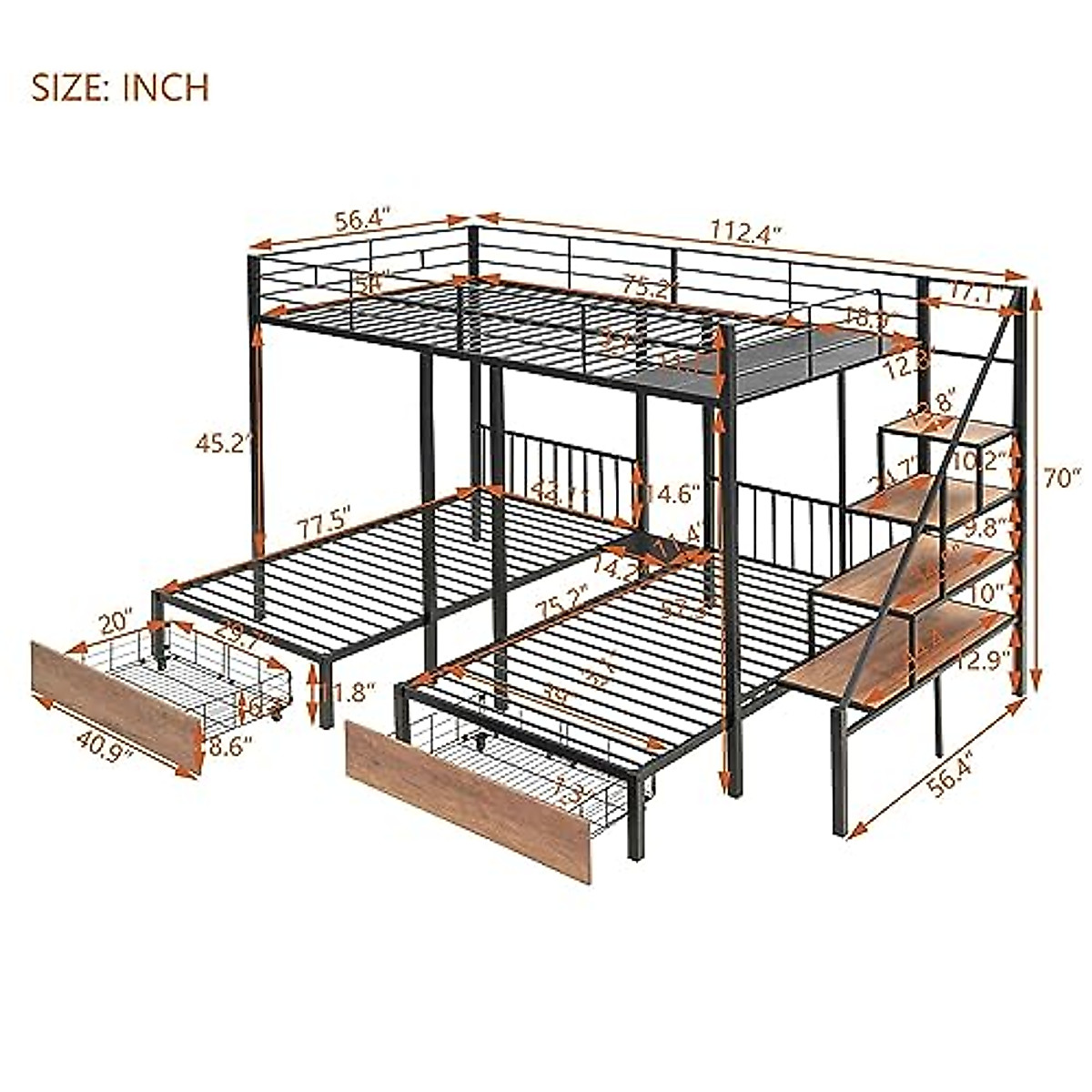 ATY L-Shaped Triple Bunk Beds with 2 Drawers, Full Over Twin & Twin Bunkbeds w/Storage Staircase, Metal Bedframe for 3 People, Save Space, Bedroom & Dorm Supplies, No Spring Required Needed, Black