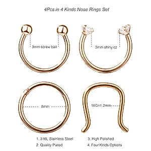 YOVORO 16G 3-4PCS 316L Stainless Steel Septum Piercing Nose Rings Hoop Cartilage Tragus Retainer Body Piercing Jewelry 8-10MM (e: 8pcs Silver-Tone+Rose Gold 8mm)