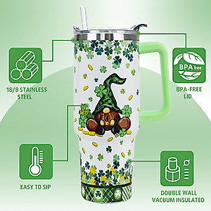 Nqhsionv St Patricks Day Tumbler with Handle 40 oz Lucky Gnomes Shamrock Coffee Travel Mug Stainless Steel Insulated Cup Irish Saint Patricks Decor Gifts