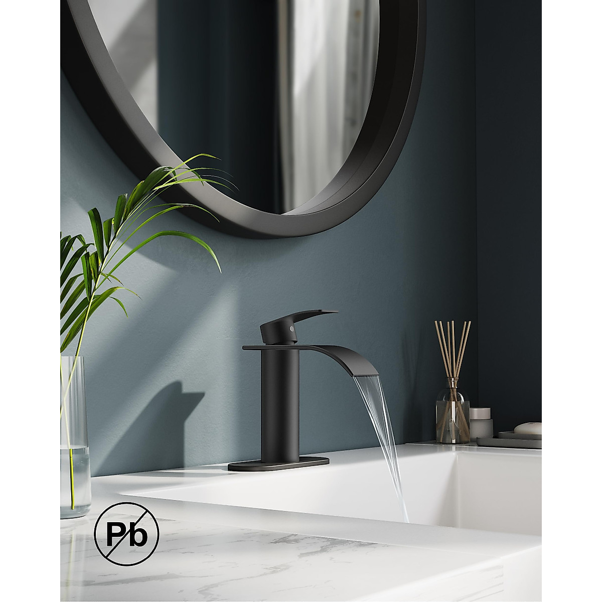 FORIOUS Matte Black Bathroom Faucet, Waterfall Bathroom Sink Faucet for 1 Hole or 3 Holes, Single Handle Vanity Faucet with Metal Pop up Drain, Stainless Steel Basin Sink Faucet Tap for RV Lavatory