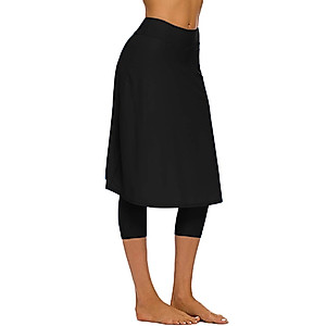 Micosuza Long Swim Skirt with Attached Leggings Modest Sun Protection Sports Skirt for Women Black