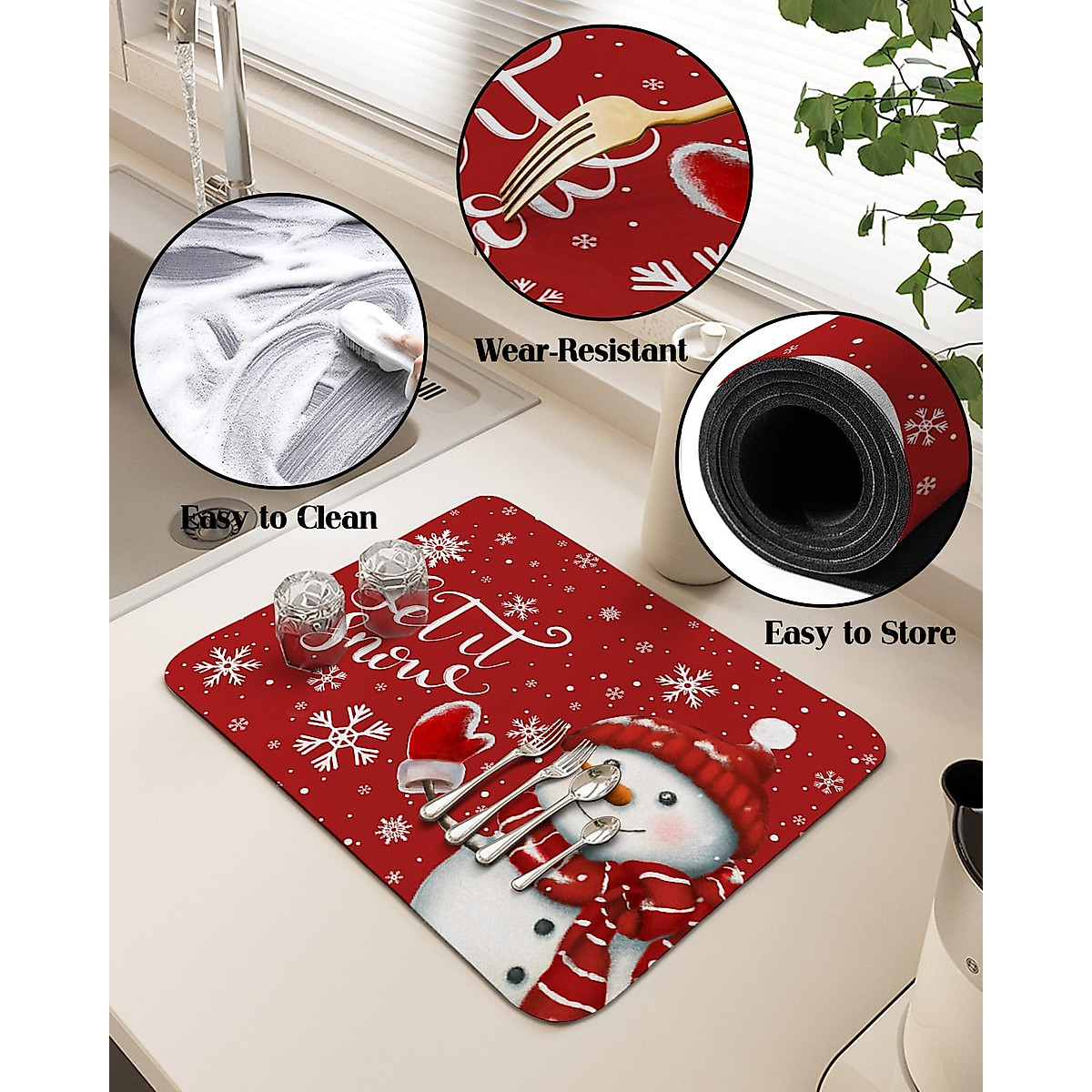 Hokiten Red Christmas Snowman Dish Drying Mat for Kitchen Counter, Merry Christmas Absorbent Coffee Mat/Dish Drainer, Xmas Winter Snowflake Quick Drying & Non-slip Rubber Backed Drying Mat 12"W x 16"L