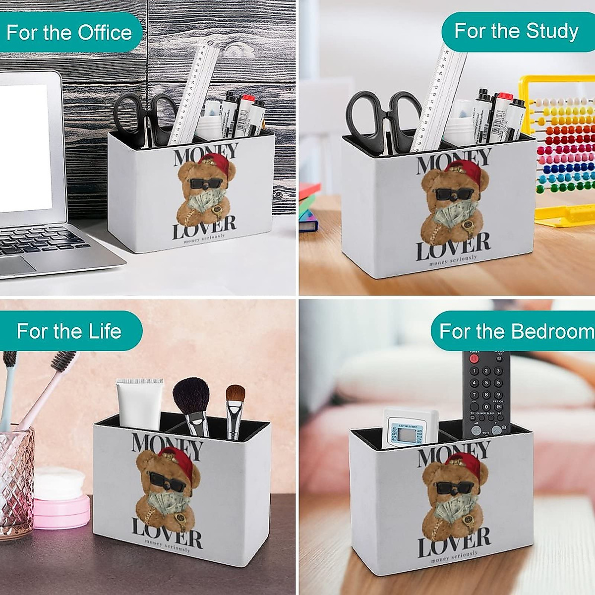 Niapessel Pencil Holder for Desk, Money Lover Slogan with Bear Pen Holder Storage Desktop Pen Organizer Desk Pencil Organizer Makeup Brush Holder for Office School College Leather