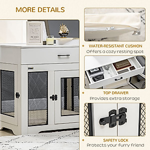 PawHut Dog Crate Furniture with Soft Water-Resistant Cushion, Dog Kennel End Table with Drawer, Puppy Crate for Small Dogs Indoor with 2 Doors, White