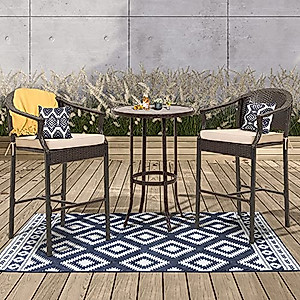 IJIALIFE Outdoor Wicker Bar Stools, 3 Pcs Patio Bar Height Bistro Chair Outdoor Patio Furniture Sets Wicker Conversation Set for Backyard Balcony Poolside,White