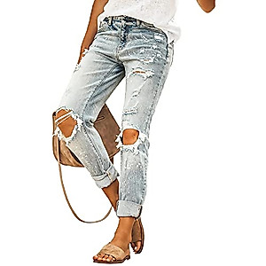 HETIPR Women's Ripped Boyfriend Jeans Mid Rise Loose Fit Distressed Stretchy Denim Pants US Medium, Light Blue