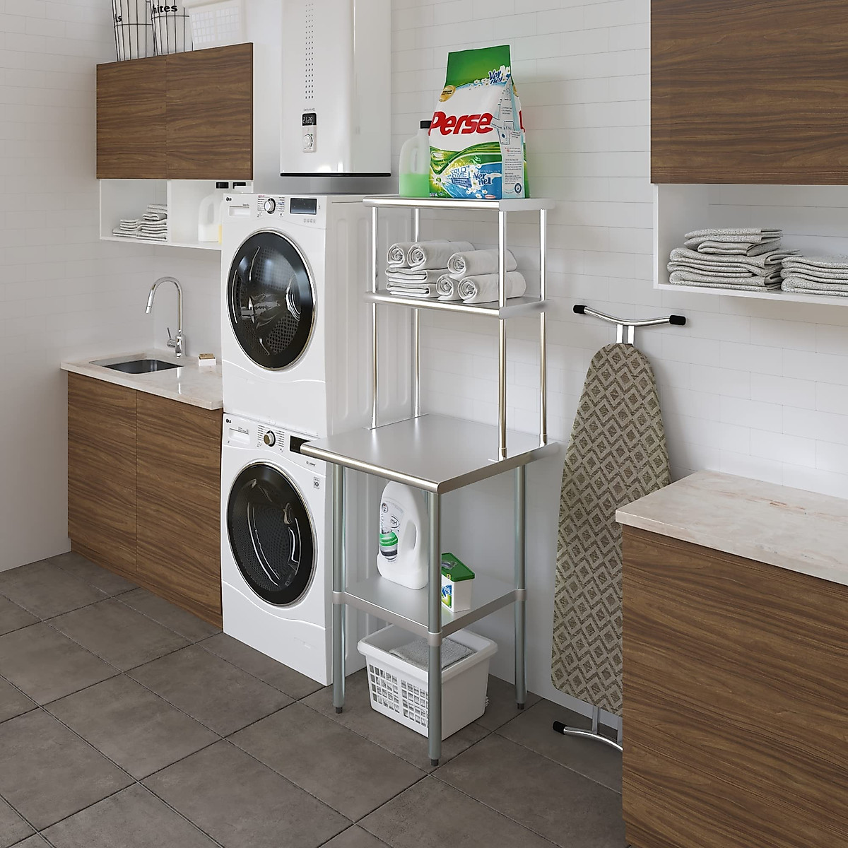 AmGood 24" x 24" Stainless Steel Work Table with 12" Wide Double Tier Overshelf | Metal Kitchen Prep Table & Shelving Combo