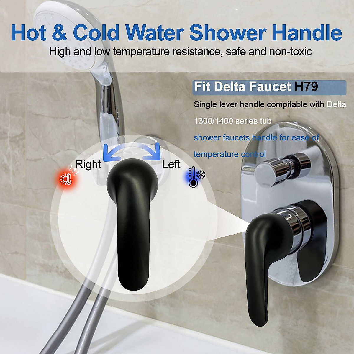 Single Metal Lever Handle Replacement for Delta H79 Faucet Handle Compatible with Delta Tub & Shower Handle for Delta 1300/1400 Series Tub Faucet, Shower with Screw & Wrench (Black)