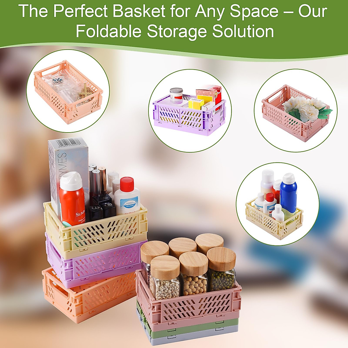 HUUSMOT 6-Pack Pastel Storage Crates, Mini Plastic Crates, Small Baskets for Organizing, Collapsible Storage Crates for Bedroom Decor Classroom Office Kitchen Home (5.8"x 3.8" x 2.2")