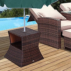 Outsunny Rattan Wicker Side Table with Umbrella Hole, 2 Tier Storage Shelf for All Weather for Outdoor, Patio, Garden, Backyard, Mixed Grey