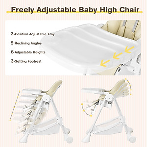 BABY JOY High Chair for Babies & Toddlers, Quick Folding Baby Highchair w/ 2 Lockable Wheels, Large Storage Basket, Removable Double Trays, Detachable PU, Adjustable Height,Backrest & Footrest (Gray)