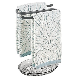 mDesign Steel Fingertip Towel Rack Stand with Base Tray - Towel Holder, Towel Bar for Bathroom, Kitchen, Powder Room - Holds Hand Towel, Washcloths - Rain Collection - Light Gray/Charcoal Gray