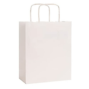 50 Pack - Premium Quality - Trendy Kraft Paper Bags With Handles | Bulk Small White Paper Gift Bags, Perfect Kraft Bag, Party Bag or Shopping Bag (5" x 3" x 8", White)