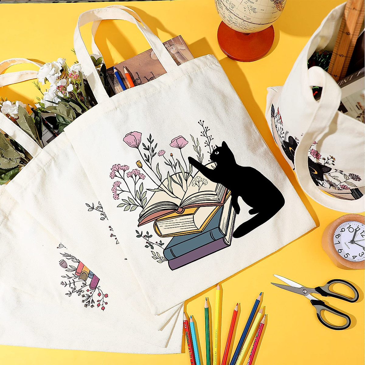 Silkfly 6 Pcs Book Lovers Gifts Aesthetic Canvas Book Tote Bag with Interior Pocket Cute Tote Bag Reusable Shopping Bags(Cat)