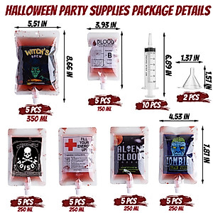 42PCS Halloween Blood Bags for Drinks Party Supplies, 30PCS Reusable Vampire Party Drinking Pouches + 10 Syringes + 2 Funnels, Various Size Containers for Halloween Zombie Nurse Theme Carnival Party Decorations Props