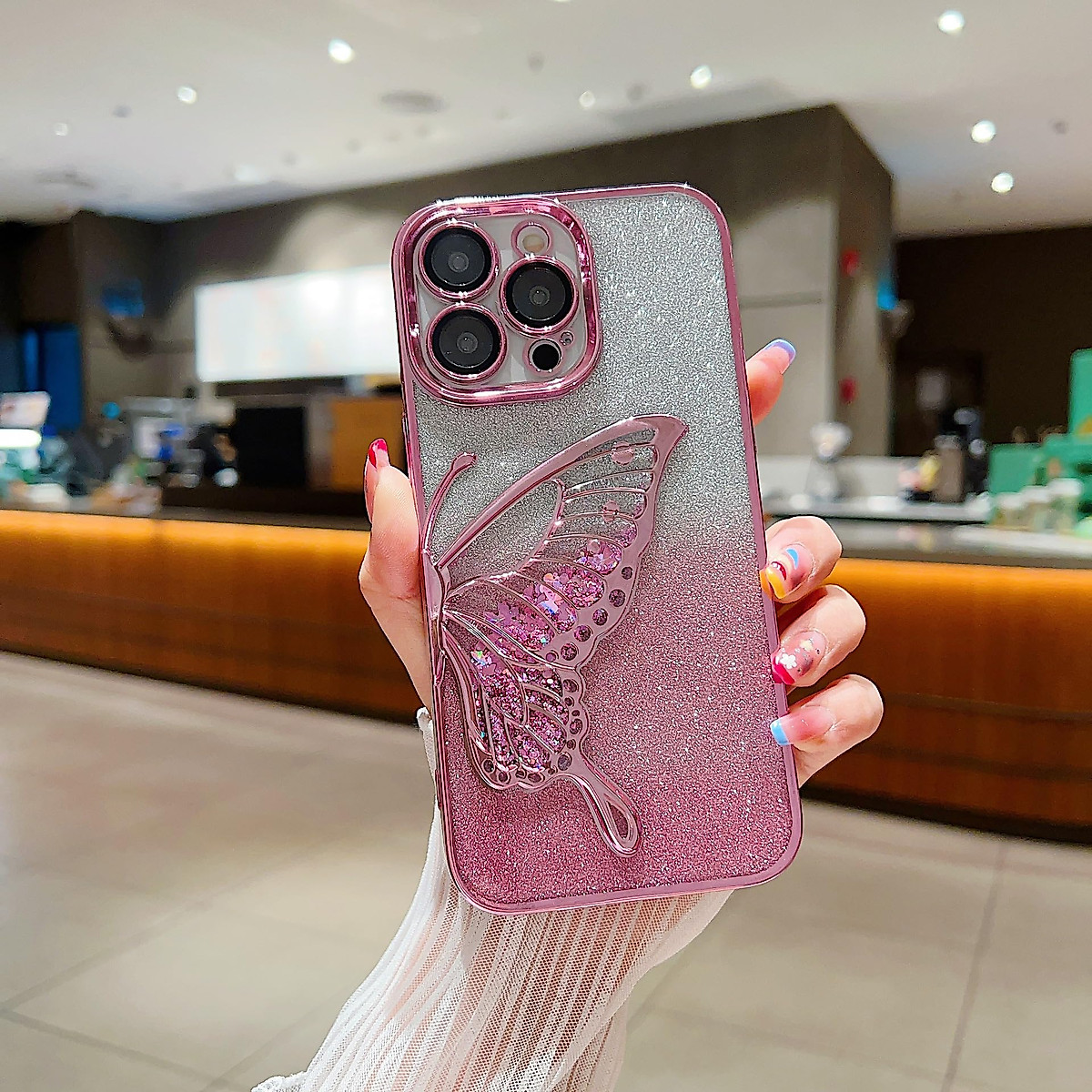 Ownest Compatible for iPhone 13 Case/iPhone 14 Case with Luxury Glitter Cute Butterfly Plating Design Aesthetic Women Teen Girls Phone Cases Camera Protection Shockproof Cover-Pink