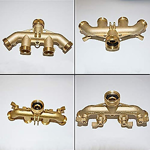 HQMPC 4 Way Hose Splitter 3/4" GHT Garden Hose Splitter 4 Way Solid Brass Hose Connector Heavy Duty Hose Spigot Adapter With 4 Valves 8 Gaskets +2 Seal Tapes