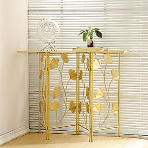 40 Inch Gold Console Table, Sofa Table, Modern Entryway Table, Tempered Glass Shelf with Ginkgo Leaves Decorative for Entryway Living Room Bedroom