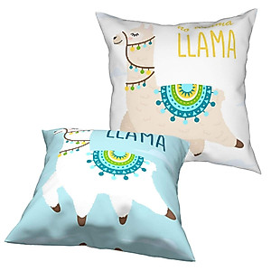 Cartoon Alpaca Throw Pillow Covers Set of 2 Cute Llama Pillow Covers Soft Pillowcase Home Decor Blue and Beige Pillow Covers Sofa Cushion Cover for Living Room Bedroom Garden 18x18 Inch