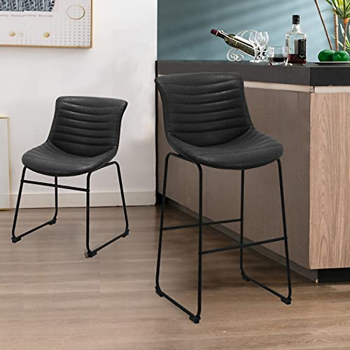 Chairelax Hight Bar Stools Set of 2, 28" Counter Tall Synthetic Leather Modern Design Bar Chair with Backrest and Footrest for Kitchen Bar Counter Restaurant (Black)