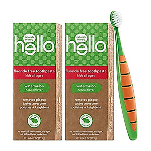Hello Oral Care Kids Fluoride Free and SLS Free Toothpaste Twin Pack with BPA-Free Kids & Toddler Toothbrush, Natural Watermelon