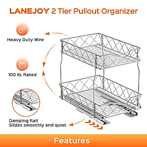 LANEJOY 2 Tier Pull Out Shelf(12 1/8" W x 16 3/8" D), Stainless Steel Slide Out Cabinet Organizer, Heavy Duty Under Sink Organization Storage for Kitchen Base Cabinet Organization