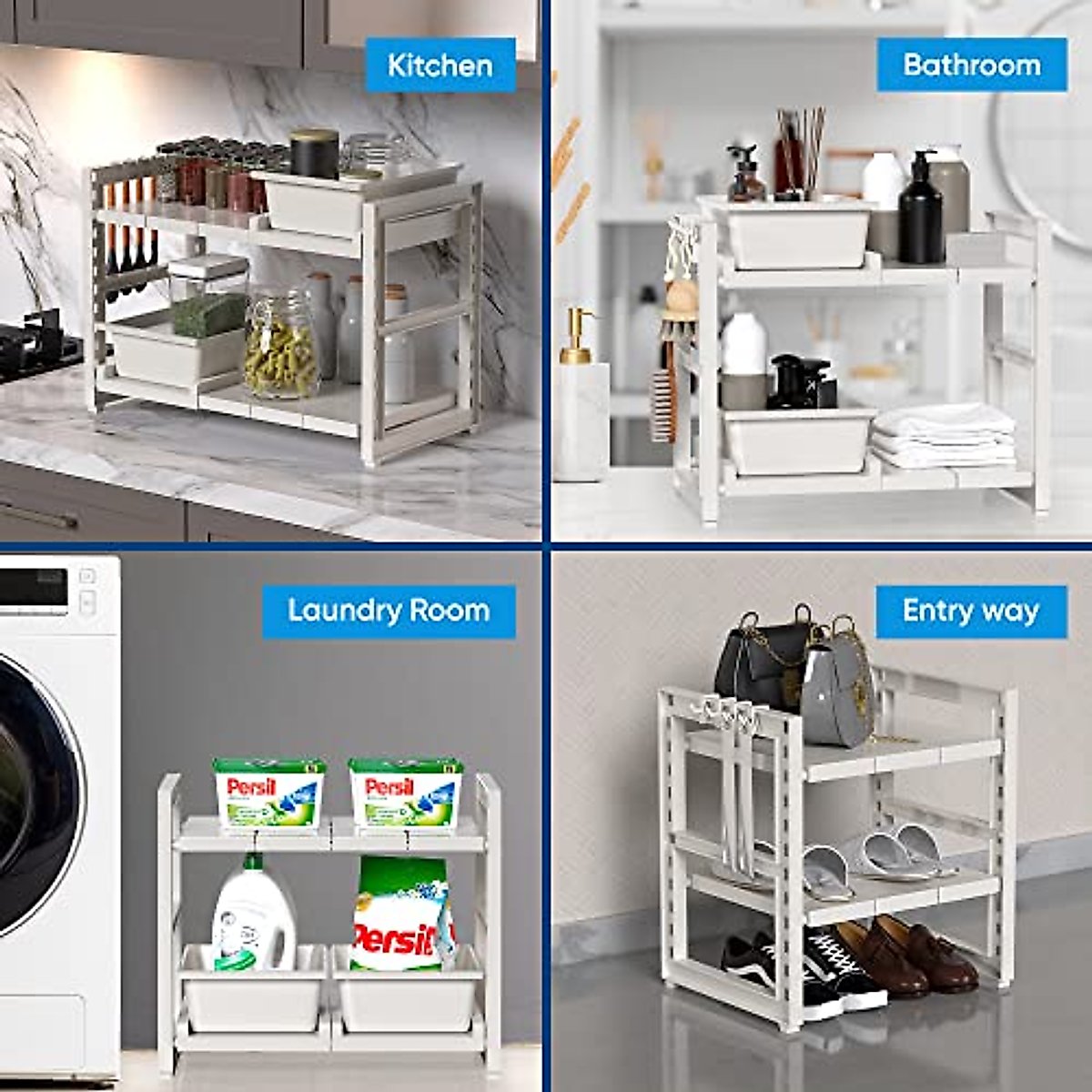 WestonBasics Under Sink Organizer | Expandable Under the Sink Organizer from 16-28" | 2-Tier Under Sink Organizers and Storage Shelf with Adjustable Racks, Double Sliding Drawers, 5 Hooks & 2 Cups