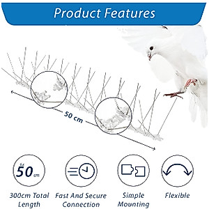 VIIRKUJA Bird Spikes 3 Metres Stainless Steel Pigeon Repellent 4 Rows Total Length 300 cm 6 Elements 50 cm Bird Repellent with Click Closure and Predetermined Breaking Points