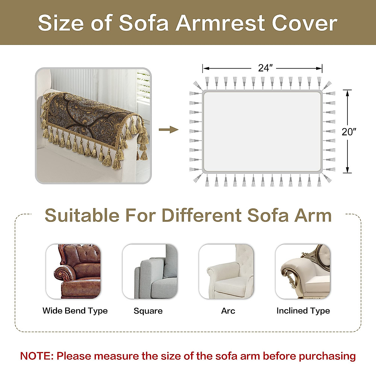 Loom and Mill Luxury Jacquard Sofa Arm Covers 2 PCS, Classic Antique Couch Armrest Cover with Tassels, Non-Slip Furniture Protector for Chair Sofa Recliners Couch Dogs Pets, Bronze Gold, 20x24in