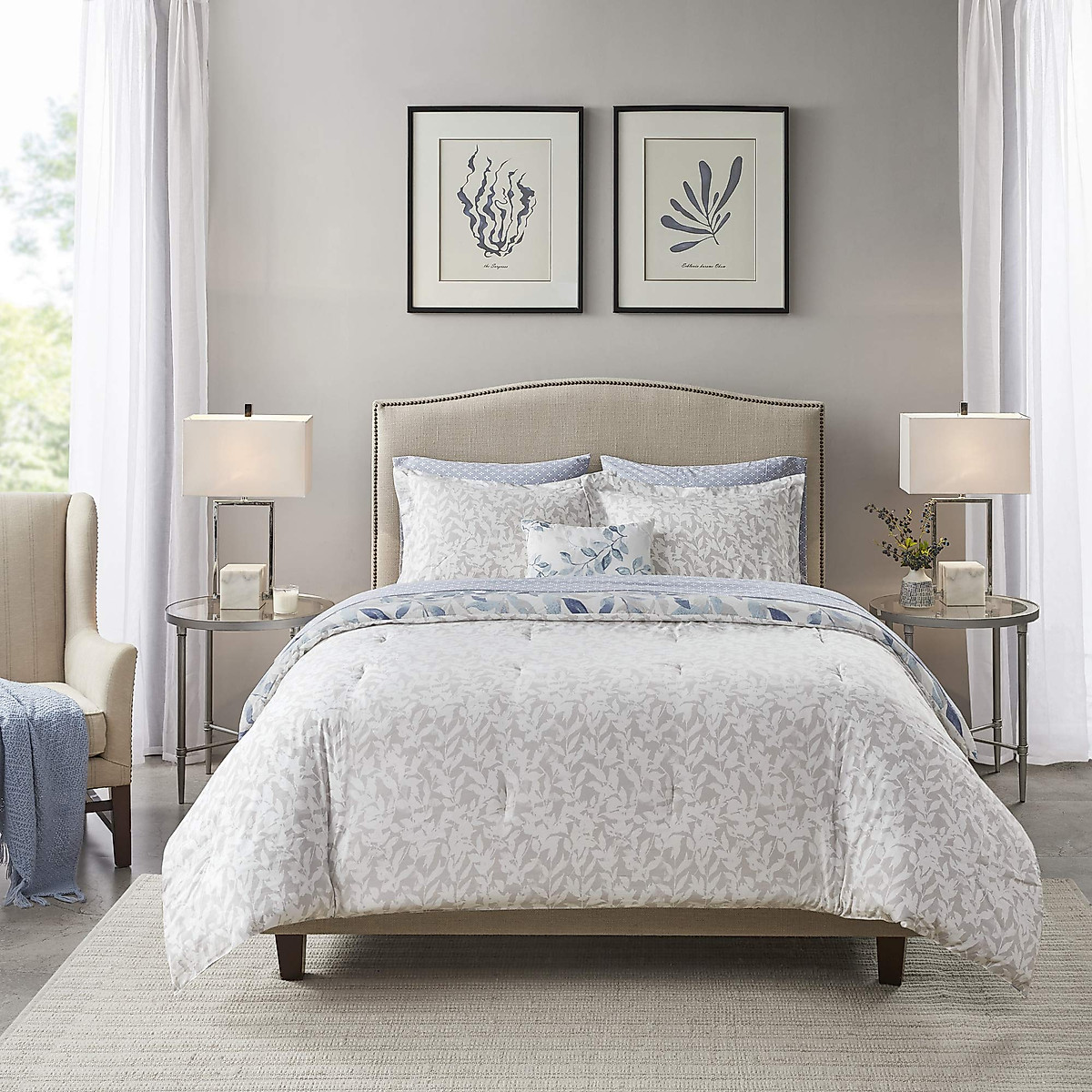 Madison Park Essentials Cozy Bed in a Bag Reversible Comforter with Complete Sheet Set - Modern Botanical Print All Season Cover, Shams, Decorative Pillow, King(104"x92"), Blue 8 Piece