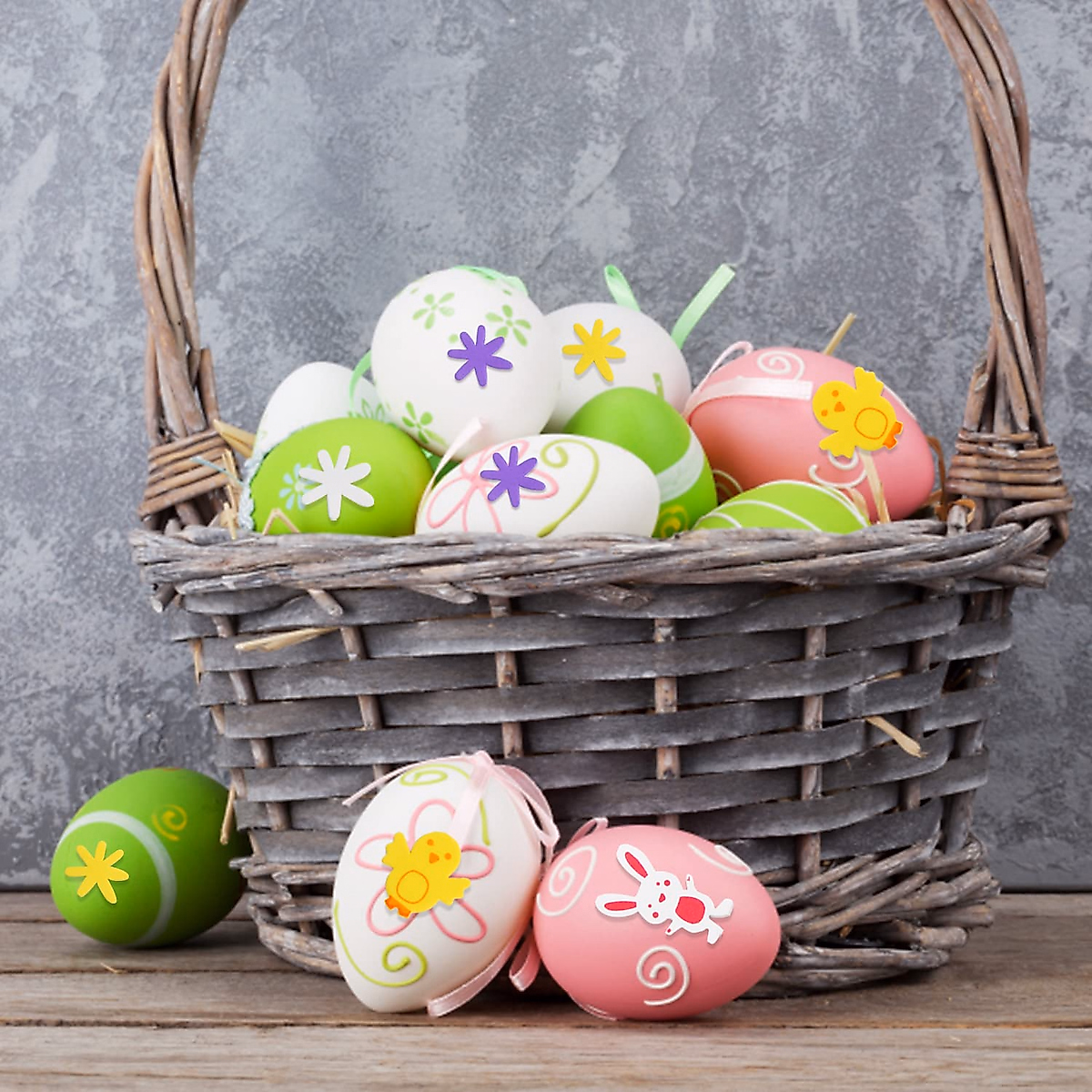 CCINEE Plastic DIY Easter Eggs Set, 30pcs White Egg Ornaments with Rope 8pcs Colored Pens and 80pcs Foam Stickers for Kids Easter Crafts Party Supply