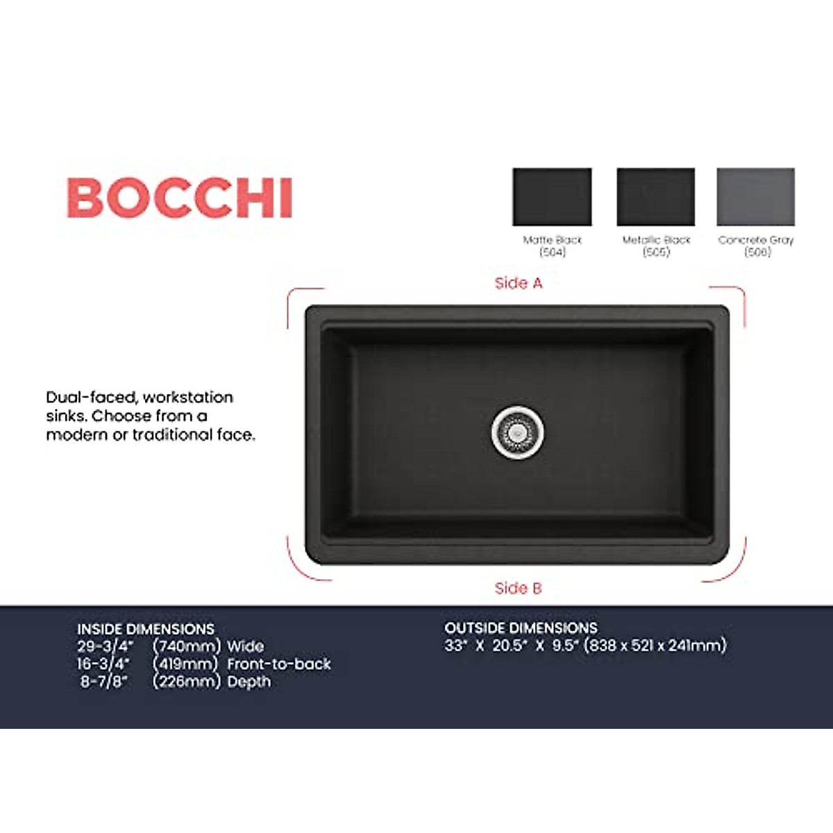 BOCCHI Arona Apron-Front 33 in. Single Bowl Granite Composite Kitchen Sink with Integrated Workstation and Accessories in Metallic Black