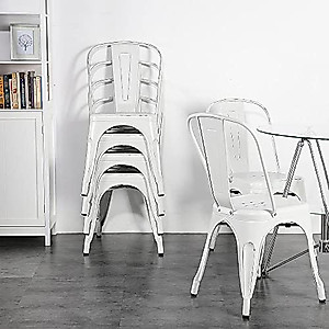 Yaheetech Metal Dining Chairs Indoor/Outdoor Coffee Kitchen Chairs Stackable Chic Dining Bistro Cafe Side Chairs Set of 4, Distressed White