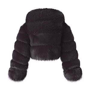 PLAZRU Short Faux Fur Coat for Women Zipper Up Hooded Shaggy Warm Elegant Long Sleeve Winter Fashion Cropped Furry Jacket