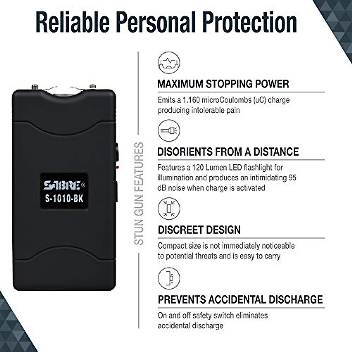 SABRE 2-in-1 Stun Gun with LED Flashlight, Self Defense Stun Gun with Painful 1.160 µC Charge, 120 Lumens, Rechargeable Battery, Easy to Use Safety Switch, Belt Holster for Quick Access