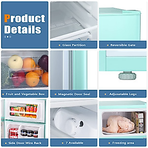 Antarctic Star Mini Fridge 3.1Cu.Ft Compact Refrigerator 2-Doors Freezer Low Noise Defrost Storage of Beverages Vegetables Fruits Kitchen Living Room Office Dormitory Green