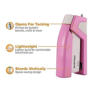 Bostitch Office InCourage Spring-Powered Compact Stapler, BCA Pink (1588), plastic-half strip