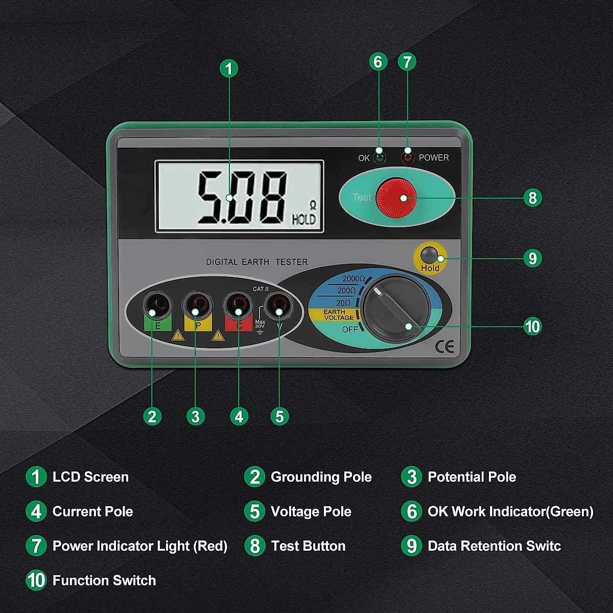 Ground Resistance Meters, Digital Earth Ground Resistance Tester 0-2000 Ohm, Multimeter Resistance Measurer Multifunction Ground Megohmmeter Measurer Resolution 0.01Ω