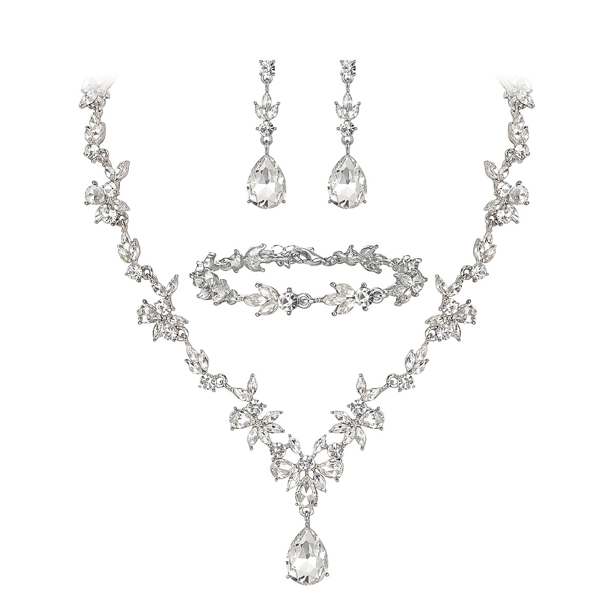 BriLove Wedding Jewelry Set for Women Bride, Y-Necklace Tennis Bracelet Dangle Earrings Crystal Teardrop Marquise Cluster for Bridal Bridesmaid Clear Silver-Tone