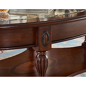 Gexpusm Oval Coffee Tables, Natural Wood Coffee Table, Round Solid Wood Center Large Glass Panel Coffee Tables for Living Room, with Storage Cherry Red 46x29x18In