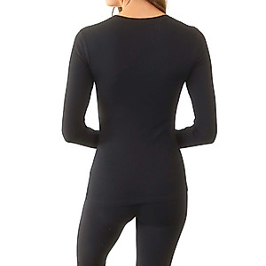 Pure Look Women's Long Sleeve Waffle Knit Stretch Cotton Thermal Underwear Shirt, Large, Henley Black